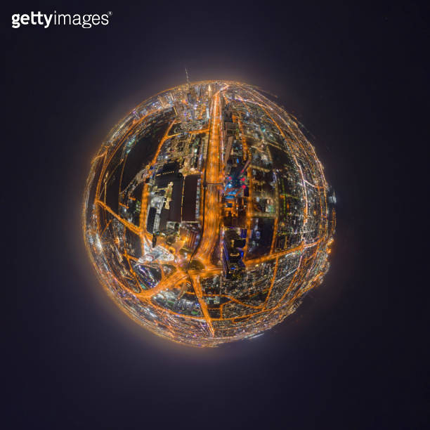 Little planet 360 degree sphere. Panorama of aerial view of Dubai ...