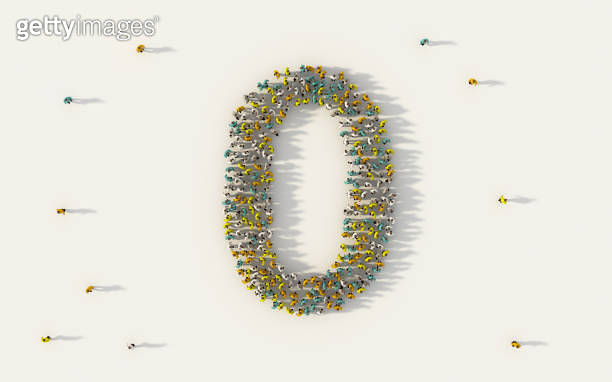 Large group of people forming number zero, 0, alphabet text character ...