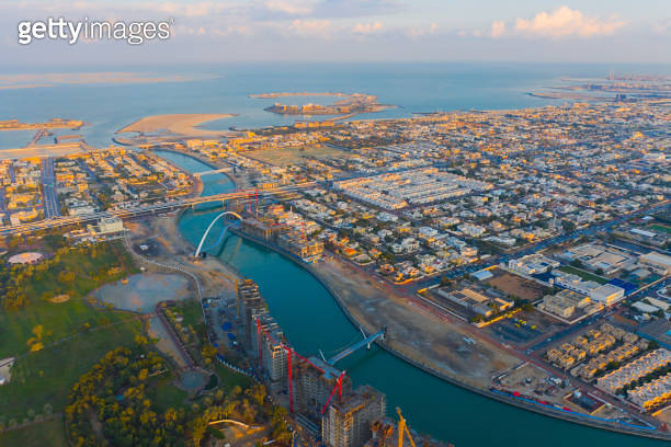 Aerial view of Tolerance bridge. Structure of architecture with lake or ...