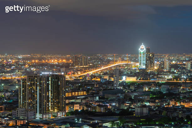 Rama 9 bridge and Kasikorn Building, with skyscraper high rise buildings in urban city, Downtown ...