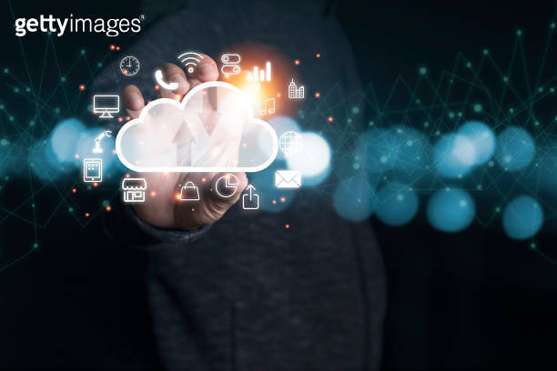 Hand holding virtual artificial intelligence with cloud technology ...