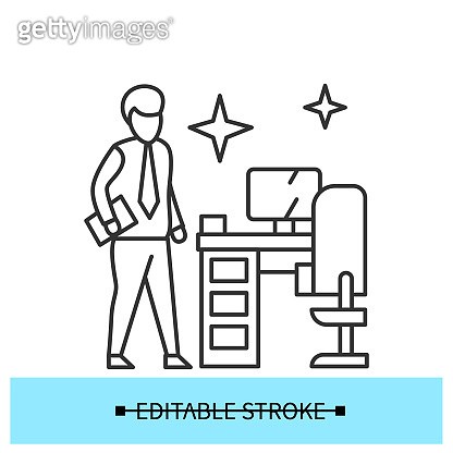 Workplace disinfection icon. Man with clean office desk line vector ...