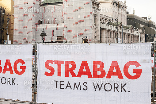 Strabag logo on one of their construction sites in Belgrade. Strabag is ...
