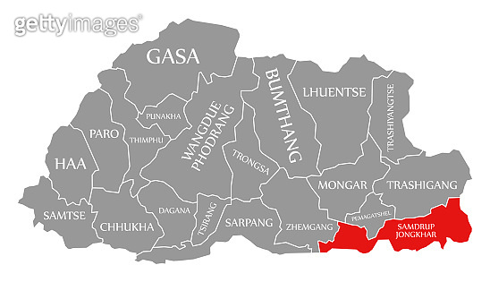 Samdrup Jongkhar red highlighted in map of Bhutan 이미지 (1254775166) - 게티 ...