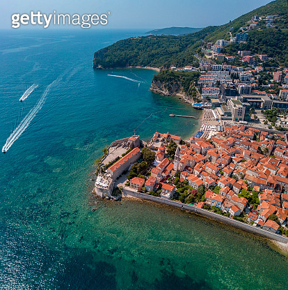 Aerial view of Budva, the old city (stari grad) of Budva, Montenegro ...