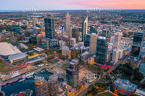The Perth City skyline during dawn. Perth is the capital of Western ...