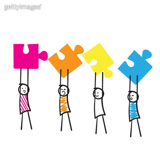 hand drawn stick man Holding the big jigsaw puzzle piece symbol for ...
