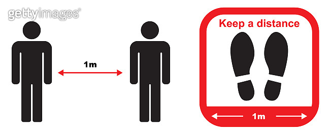 Vector of footprint sign red color with text keep your distance, 1m ...