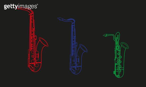 Colored line drawings of outline Alto Saxophone, Tenor Saxophone and ...