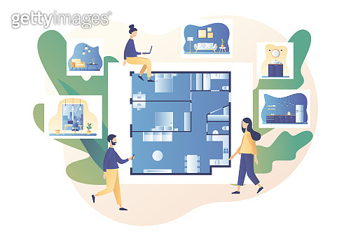Interior design studio concept. Tiny people designers work project ...