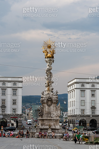 The renaissance Trinity Column in Linz in the Main Square square ...