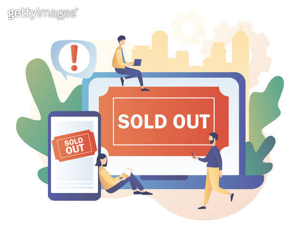 Tiny people use online booking system in gadgets. Sold-out event, sold ...