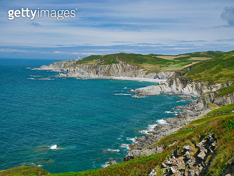 The north Devon coast around Bull Point showing steeply inclined slate ...