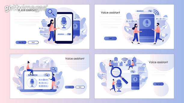 Voice assistant, search concept. Tiny people user with voice controlled ...