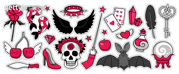 Set of black magic stickers, pins, patches, badges. Bat, skull ...
