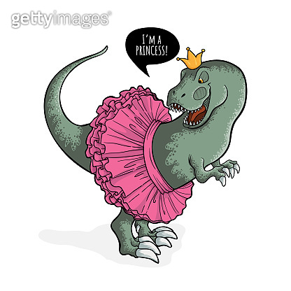 Little tyrannosaurus in pink skirt and crown in cartoons style. Vector ...