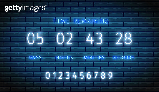 Countdown timer. Neon clock counter. Vector illustration. Glowing scoreboard on brick wall. 이미지 ...