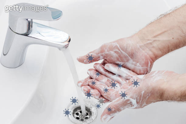 Man washing hands, viruses and bacteria are washed off with ...