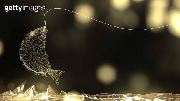 Fishing gold wire-frame shade for fish from gold water on sparkling ...