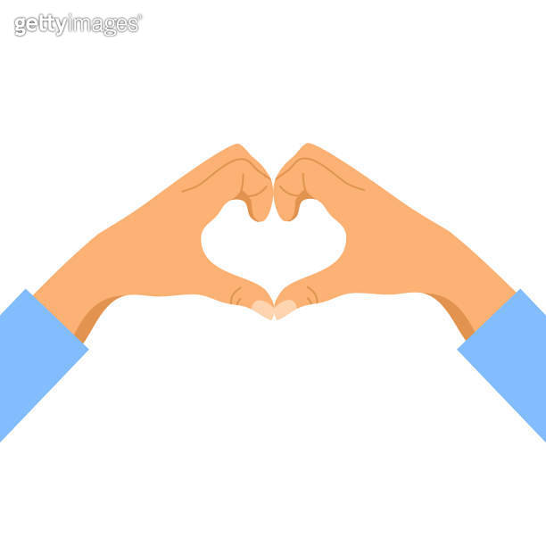 Woman show a message of love hand gesture for both hands. Hand fold ...
