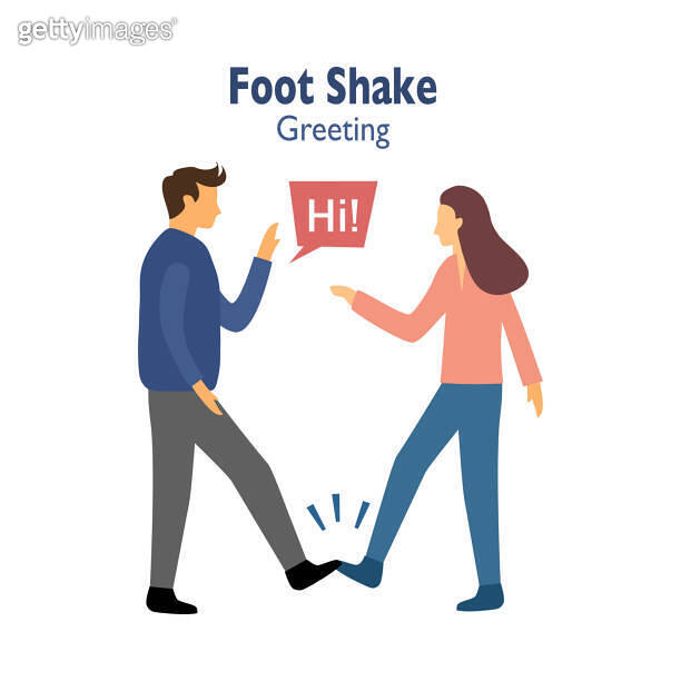 Foot shake concept. Man and woman make foot tapping for greeting. Safe ...