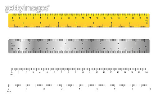 Set of rulers. Metal and wooden ruler. Centimeters and inches. Distance ...