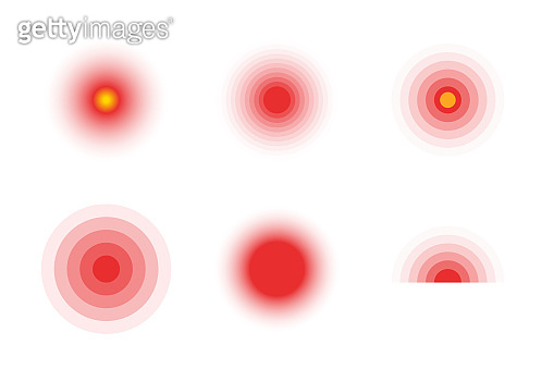 Red pain circles. Pain and Ache symbols. Sore spot on a body. Pills or ...