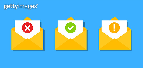 Approved, rejected and warning message. Confirmation letter. Envelope ...