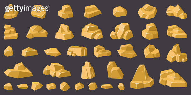 Golden rocks. Gold geology mountain pebble, stone gravel, rocks pile ...