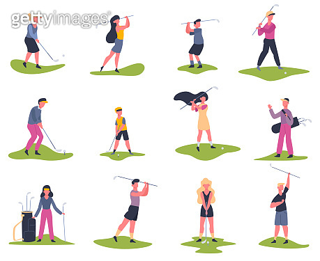 Golf players. People playing golf, golfers striking ball, outside ...