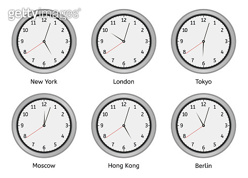 Time zone clocks. Modern wall round clock face, time zones day and ...