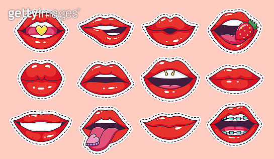Lips pop art stickers. Cool vintage comic girl lips stickers, teenage cartoon patch, candy lips ...