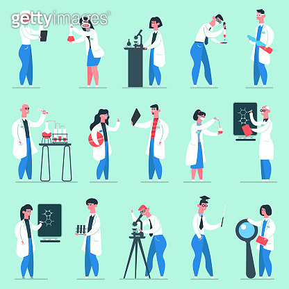 Science characters. Lab people, chemical scientist researchers in lab ...