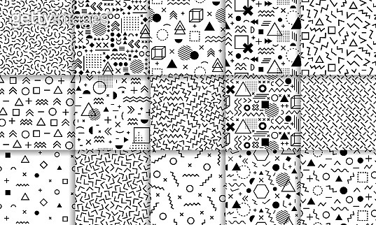 Seamless patterns. Geometric doodle, 90s style pattern, funky striped ...
