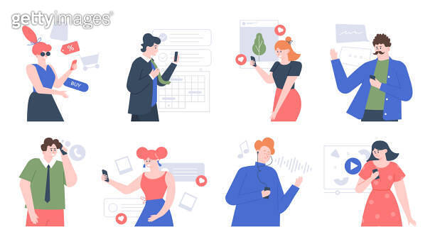 People use smartphones. Characters talking, taking selfies and ...