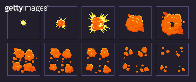 Cartoon motion explosions. Animated explosion shot, explode fire frames ...