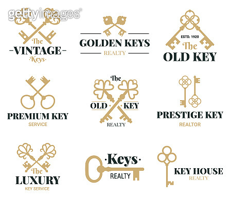 Old keys emblems. Vintage door keys labels, real estate agency or key ...