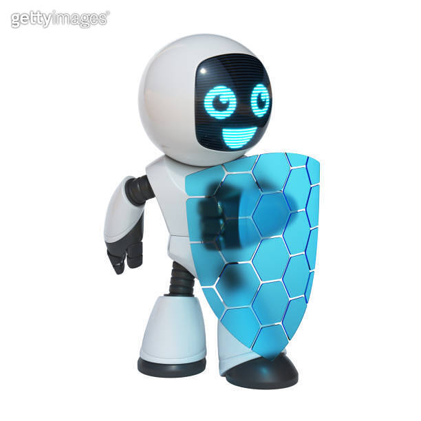 Little robot holding transparent shield, data security concept, 3d ...