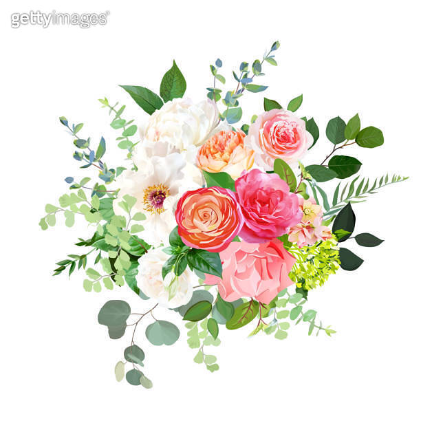Orange ranunculus, pink rose, white peony, hydrangea, juliet rose ...