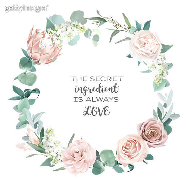 Silver sage and blush pink flowers vector round frame 이미지 (1291640597 ...