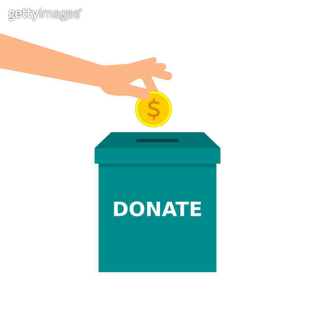 Hand is putting a coin into donation box. Donate message. Donate money ...
