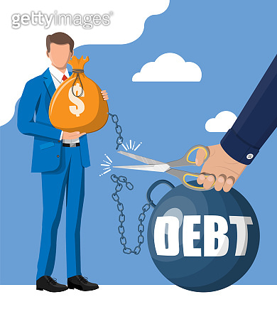 Hand with scissors cutting debt weight chain 이미지 (1209816273) - 게티이미지뱅크