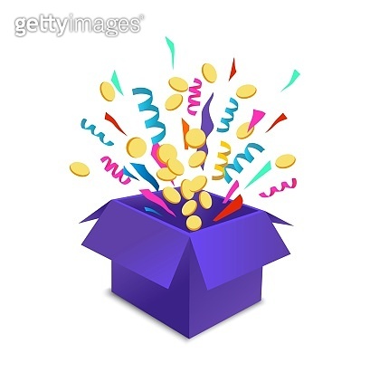 Surprise box animation vector illustration. Vector red box with coins ...