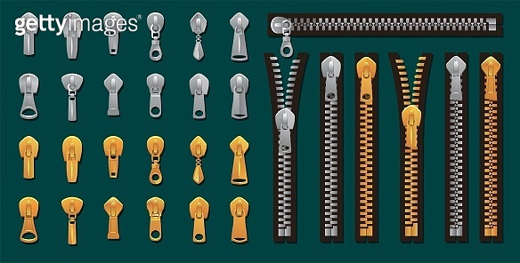Golden and silver zippers and fasteners set. Vector Dye-to-Match ...
