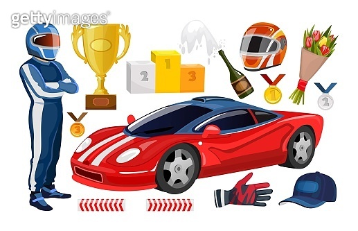 Cartoon racing elements collection. Winner cup, racing helmet, gloves ...