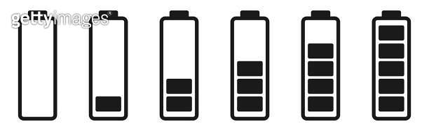 Battery level indicator in black. Isolated power symbol on white ...