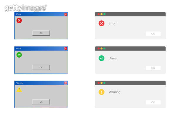 Error, warning and done message. Alert window on computer in old and ...