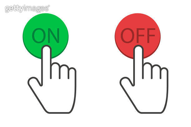 Clicking hand on and off buttons in red and green colors. Finger ...