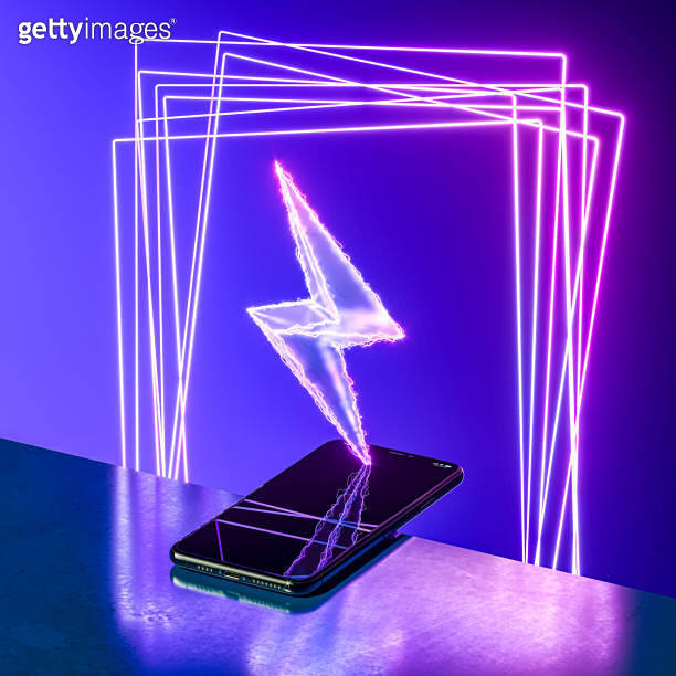 Mobile Phone With Blank Screen In Neon Frame And Lightning. Device ...