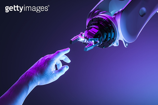 Human Hand Stretched Towards Realistic Robotic Mechanical Arm. 3d ...